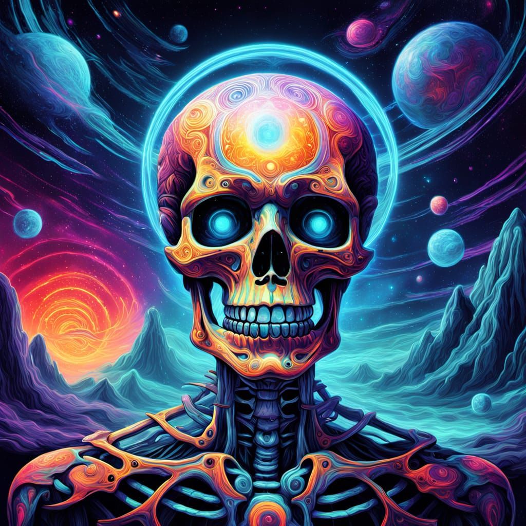 skeleton alette - Surreal Cosmic Skeleton in Vibrant Astra...