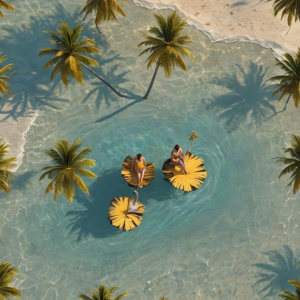 A well build man and woman in swimwear ,sitting on a small island with ...