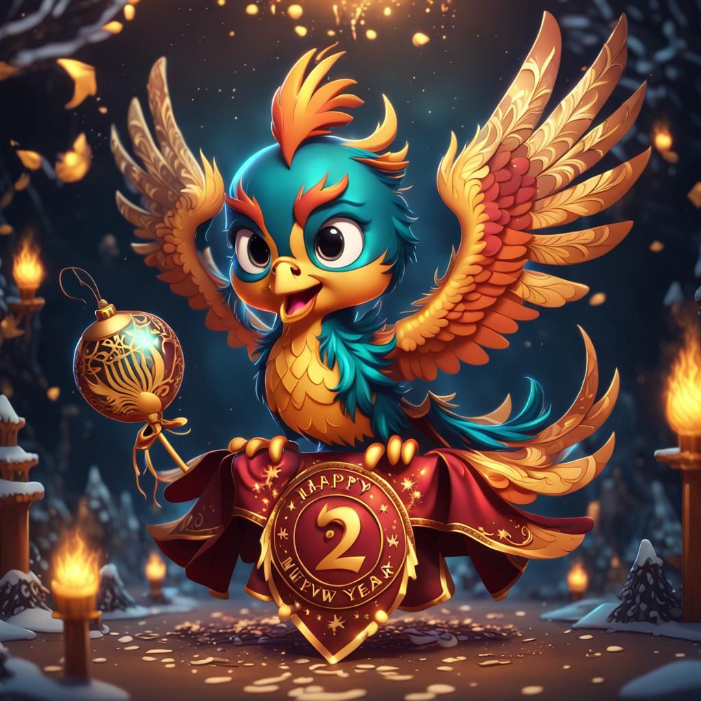 Chibi happy New Year Phoenix holding happy New Year banner - AI ...