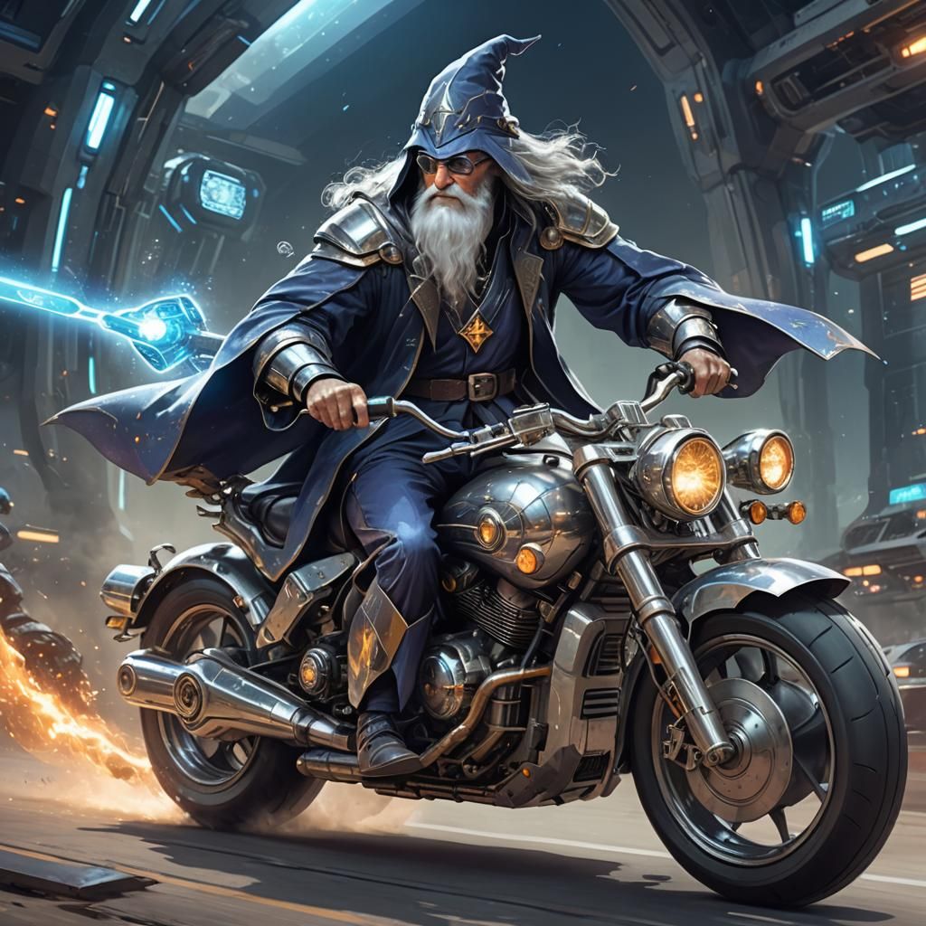 A wizard riding a futuristic motorcycle. - AI Generated Artwork ...