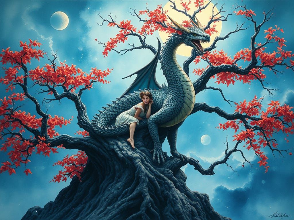 Dragon Queen in a Gnarly Tree - Dragon Queen Amidst Autumnal...