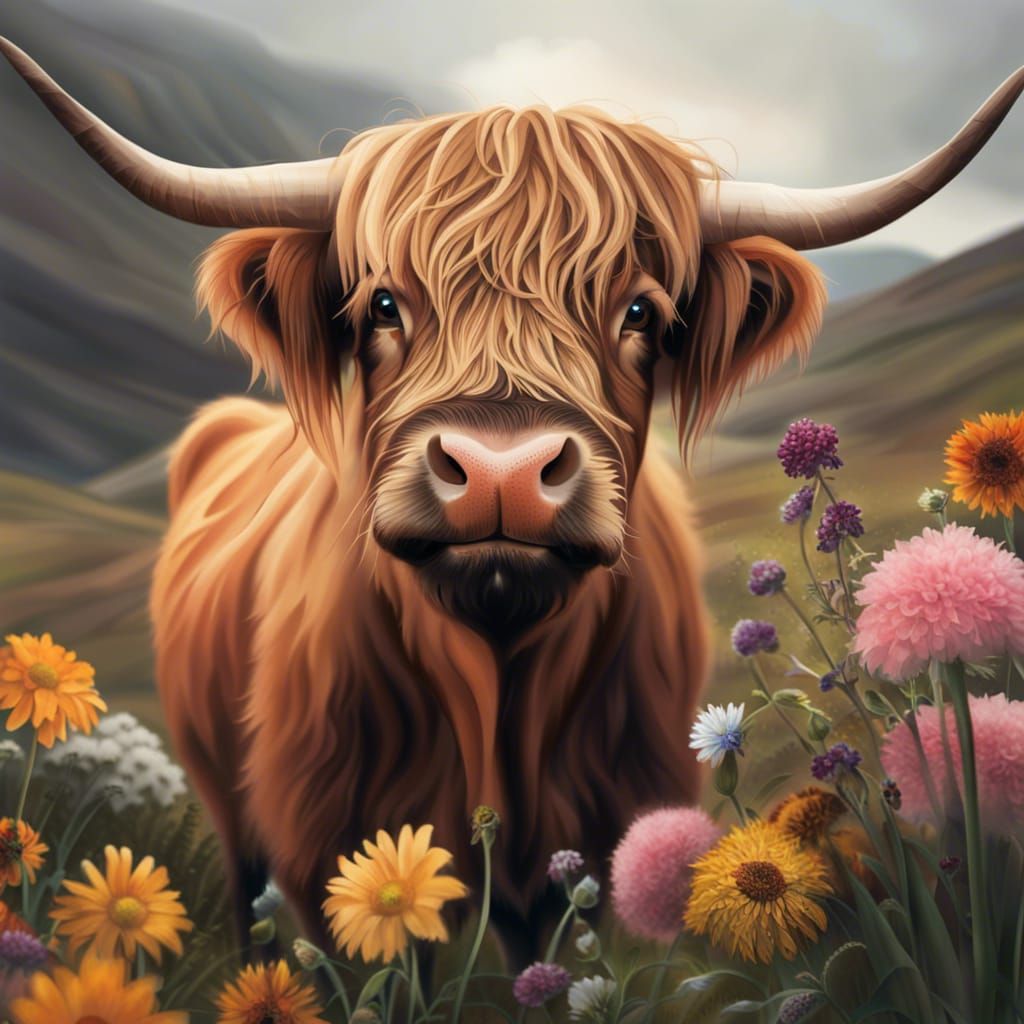 Hyper realistic highland cow holding bunch of flowers in mouth looking ...
