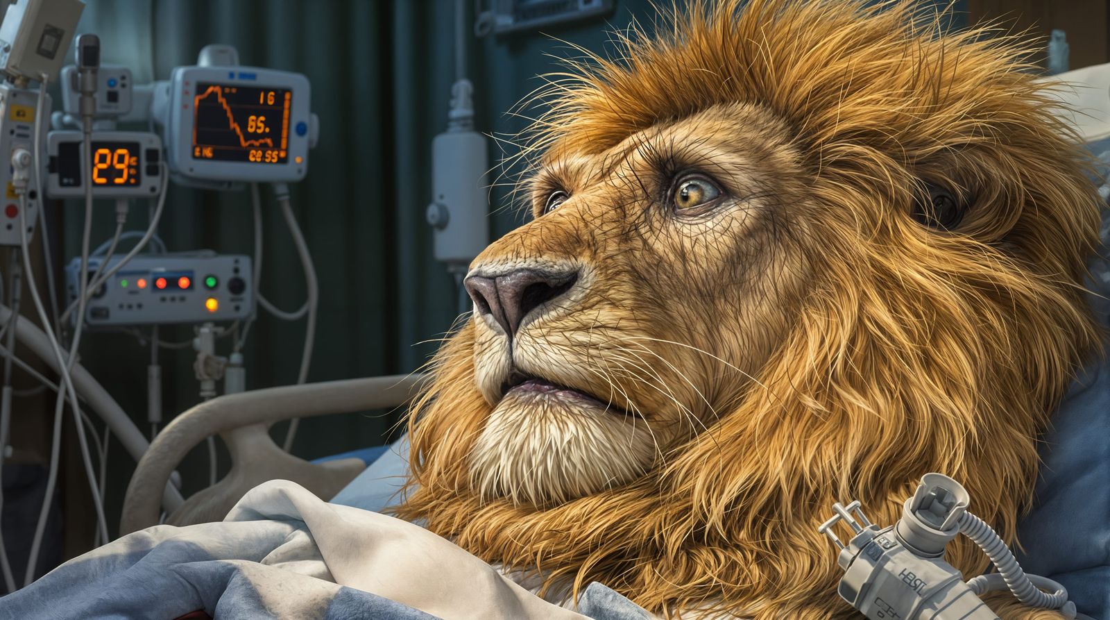 Dyin' Lion - Sick Lion in Hospital Bed, CGI Cartoon Portrait