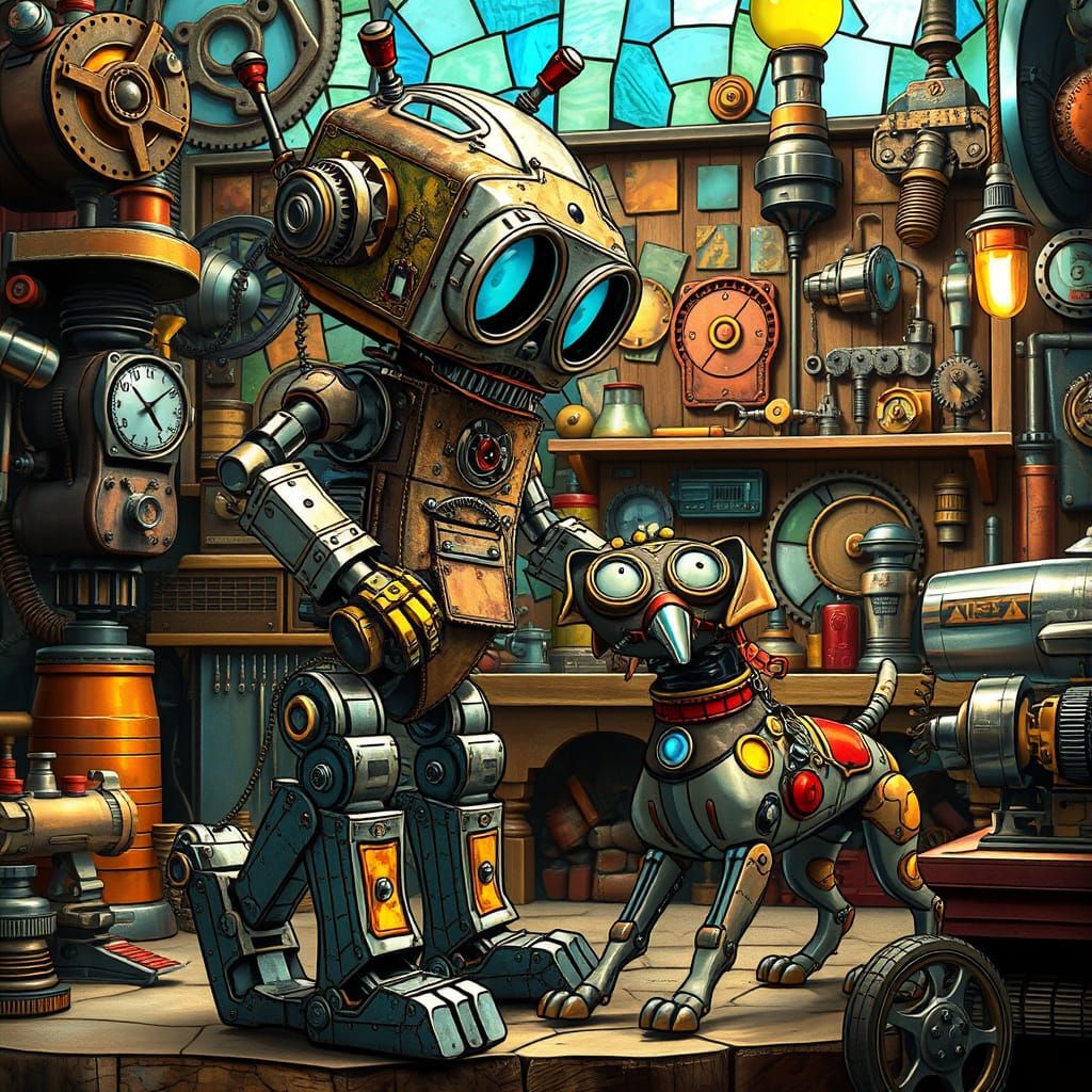 : A hyper-realistic depiction of a steampunk automaton taking its first ...