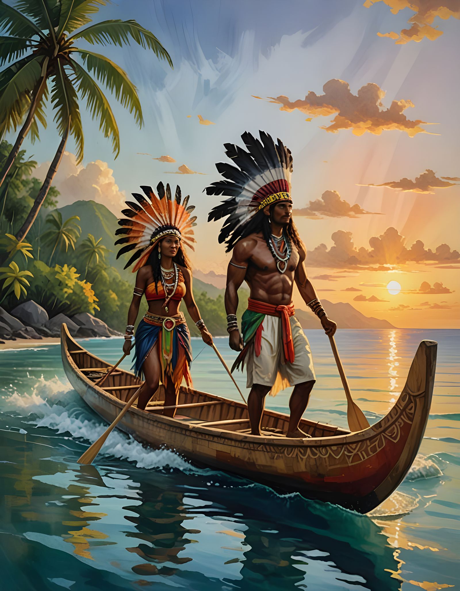 Taino Couple in Traditional Canoe at Dawn - AI Art