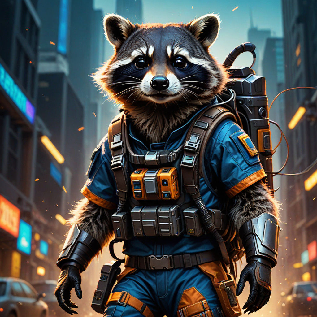 Raccoon with Superpower - Anthropomorphic Raccoon with Jetpa...