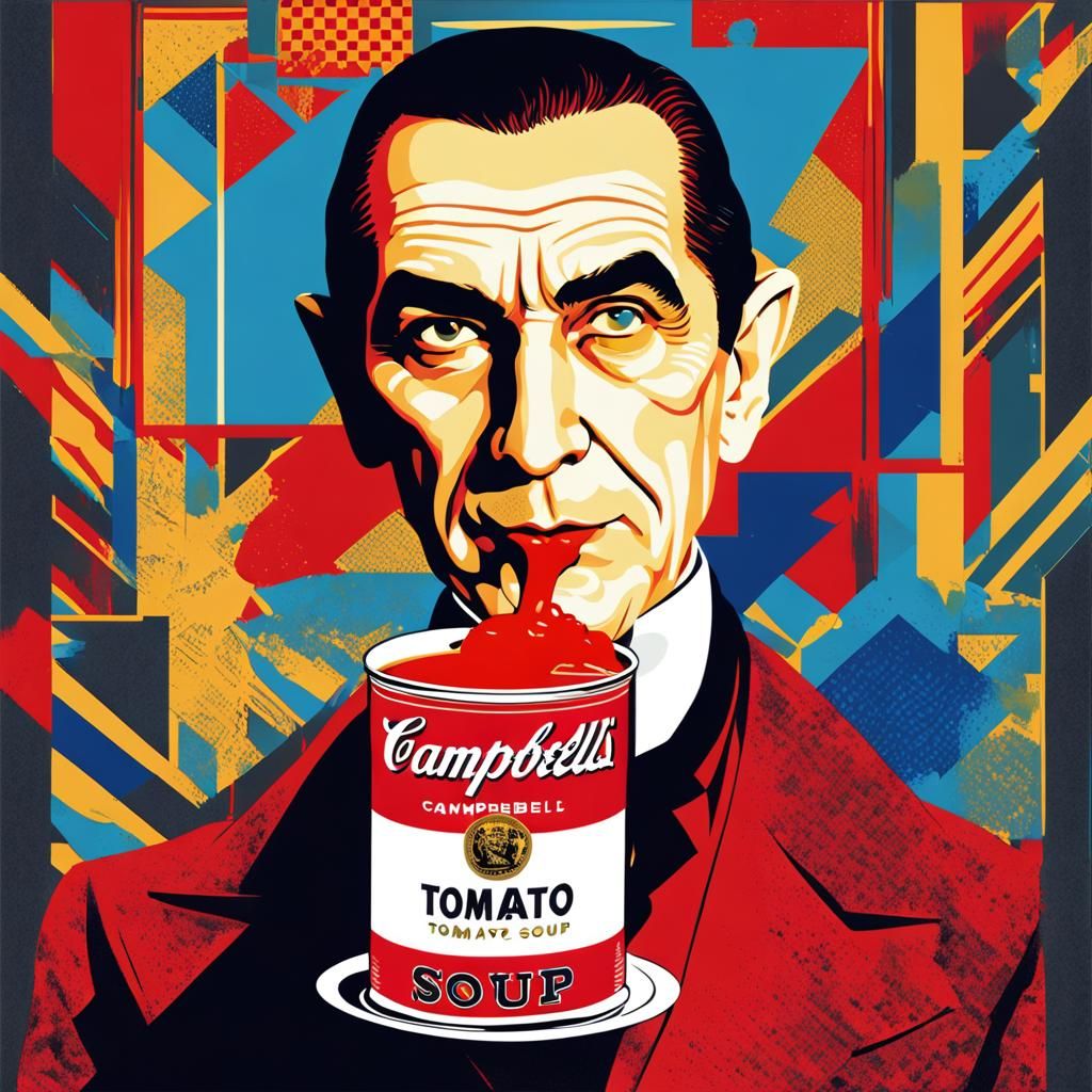 Pop Art style vampire Bela Lugosi holding campbell's tomato soup - AI ...