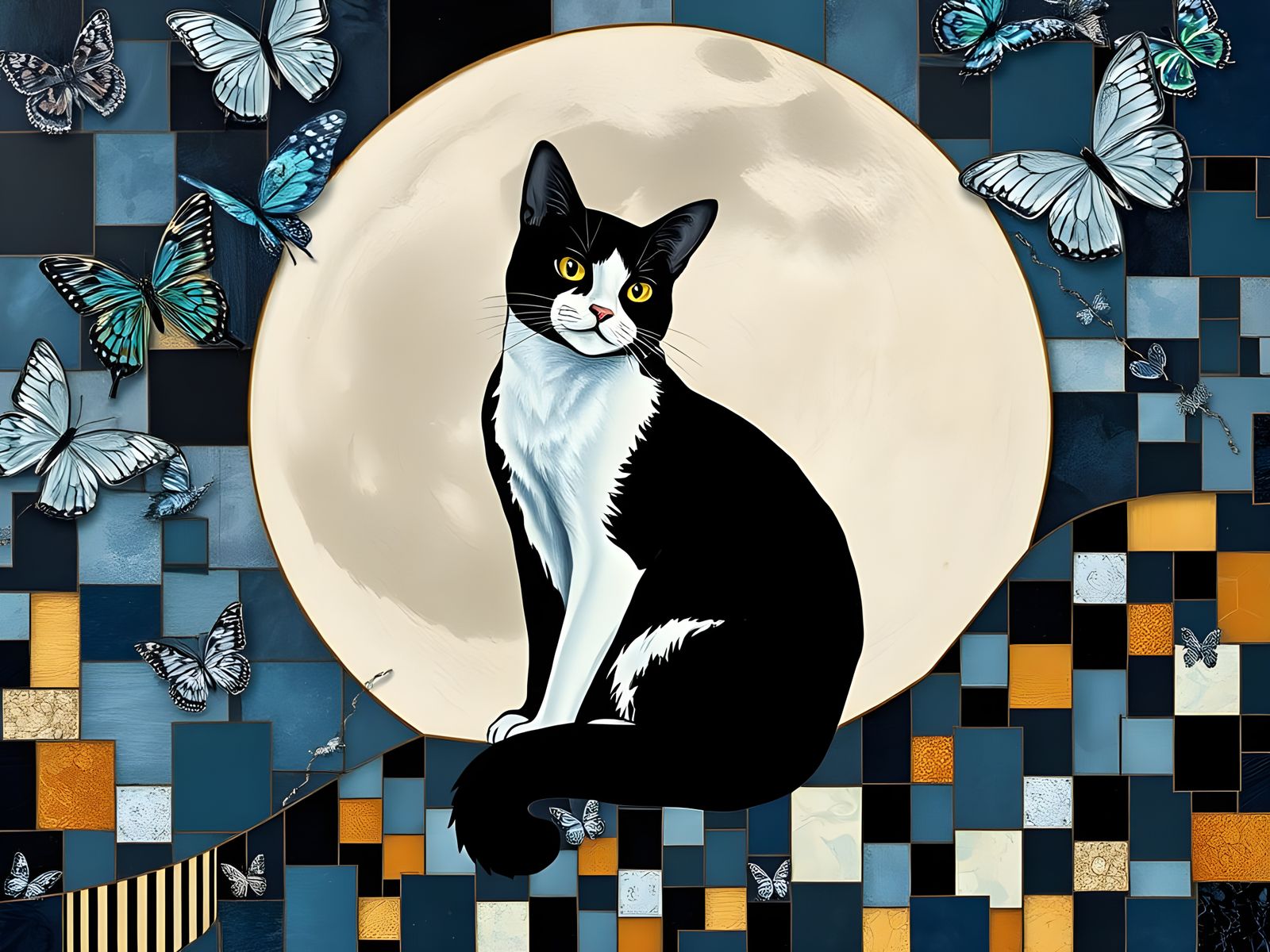 Surreal Cubist Moon Scene with Cat and Iridescent ... - AI Art