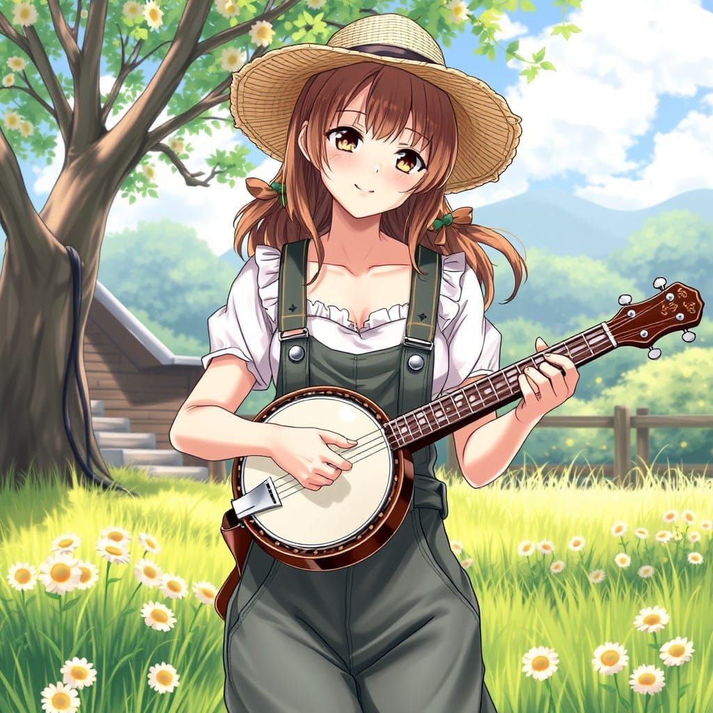 Rustic Beauty Plays Banjo in Vibrant Anime Style - AI Art
