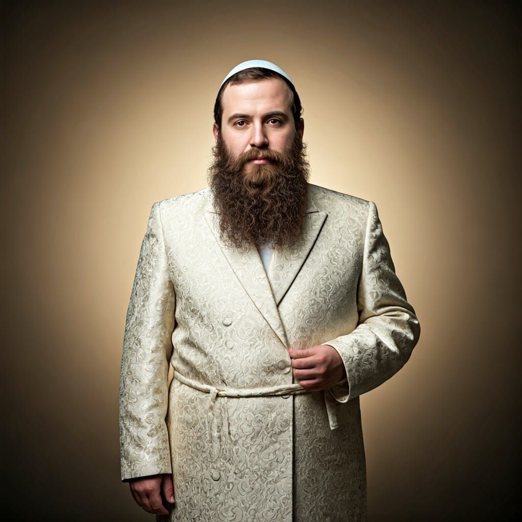 An ultra-Orthodox Hasidic Jew in traditional Shabbat attire with a long ...