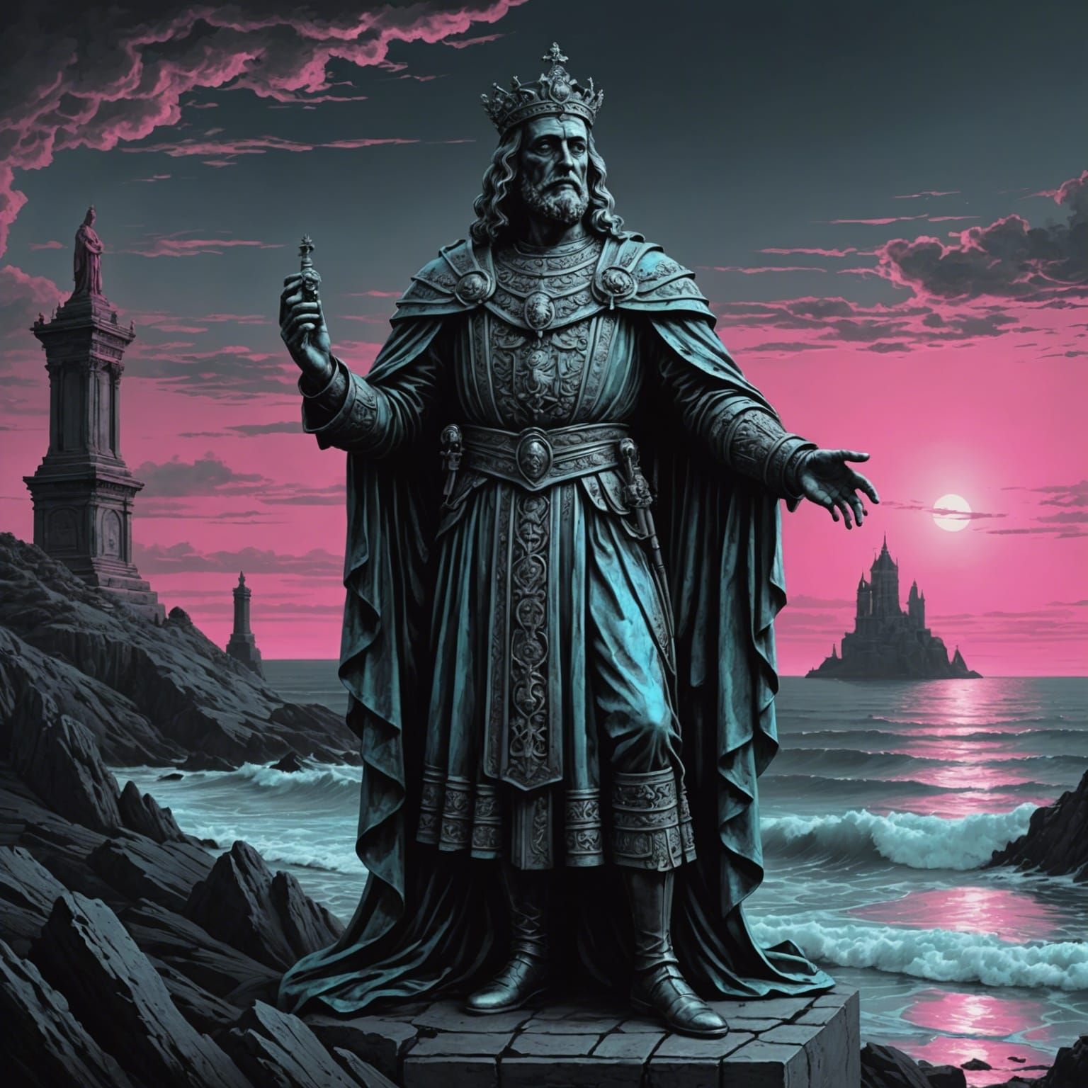 the statue of a long forgotten emperor at the shores of a wine dark ...