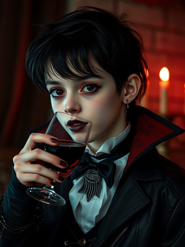 Modern Vampire - Vampire in Ironic Goth Attire Sipping Red W...