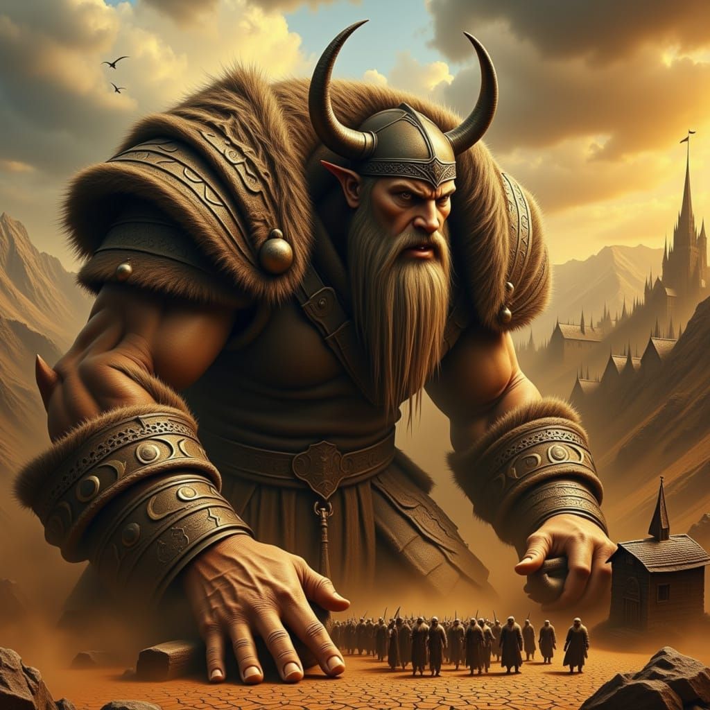 Epic Giants Clash with Viking Warriors in a Land o... - AI Art
