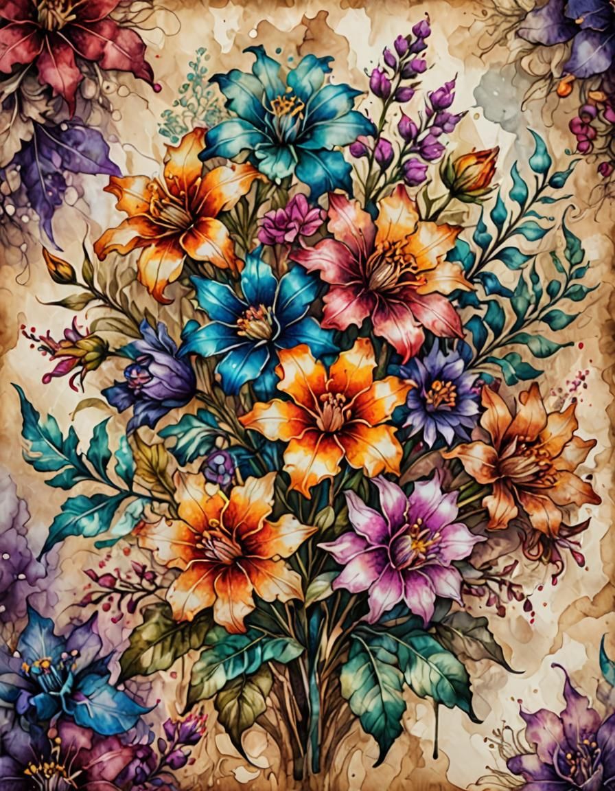 Magnificent hyperdetailed intricate bouquet of exotic flowers 💐 - AI ...