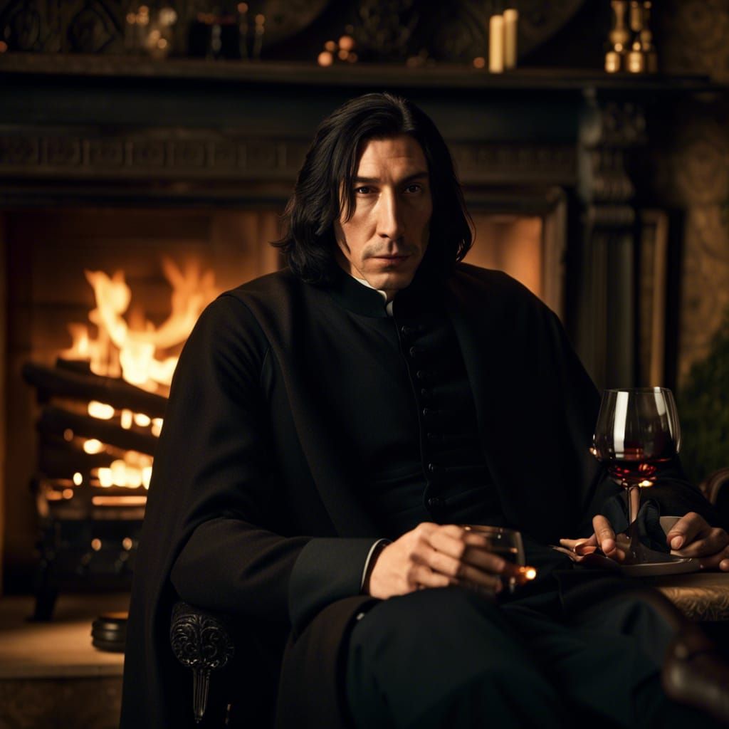 Adam Driver as severus snape drinking a glass of wine sitting in front ...