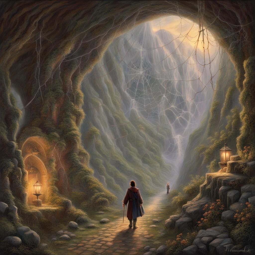 spiderwebs in the cave tunnels of Mordor and a Hobbit with light ...
