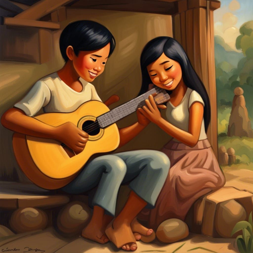 a cartoon oil painting of a Filipino teen playing the guitar for a ...