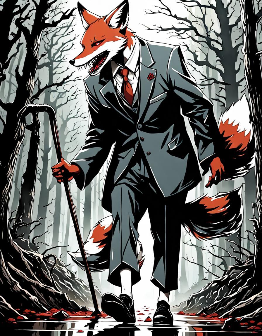Hyper detailed Horror, Scary fox, bloody mouth, eerie, smartly dressed ...