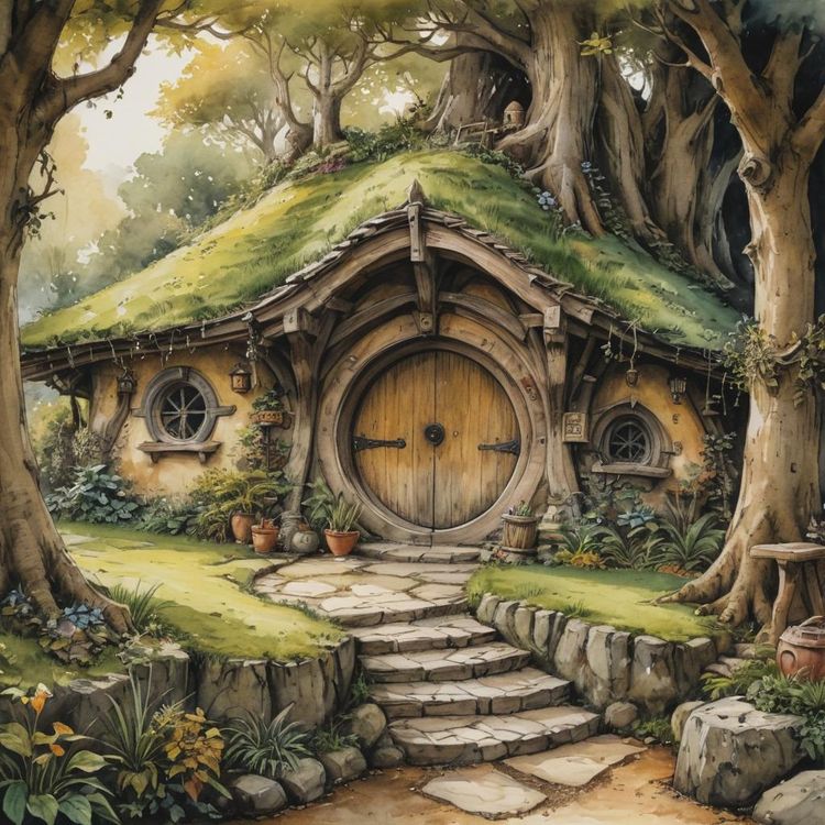 Bilbo Baggins' HOBBIT HOUSE dojo, INKED watercolor, expressive ...
