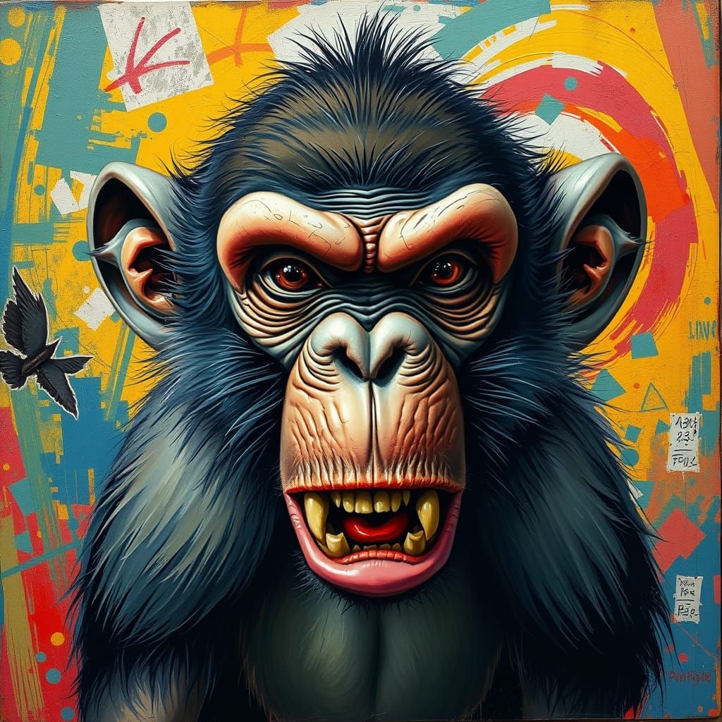 Furious Monkey Confronts Vibrant Abstract Chaos - AI Art