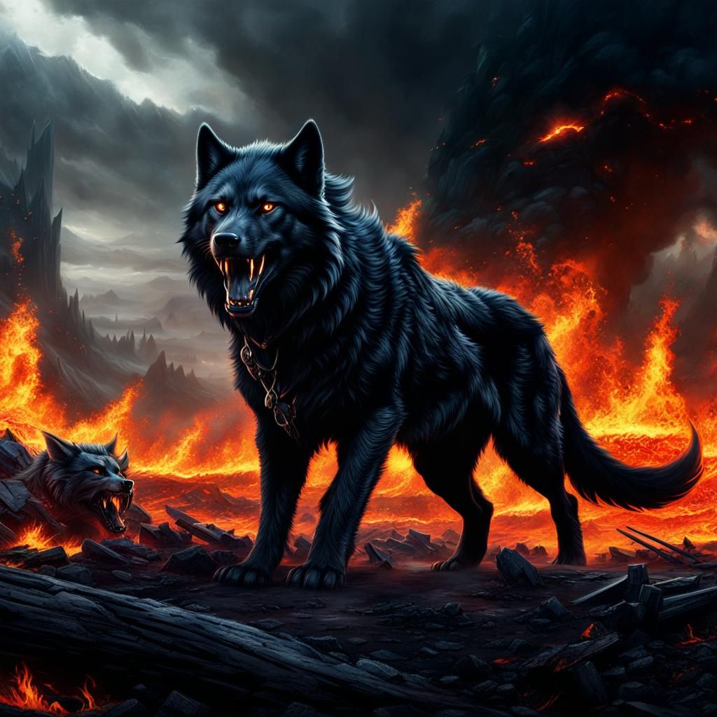 Fenrir, during Ragnarok, next to a fallen Garm - AI Generated Artwork ...
