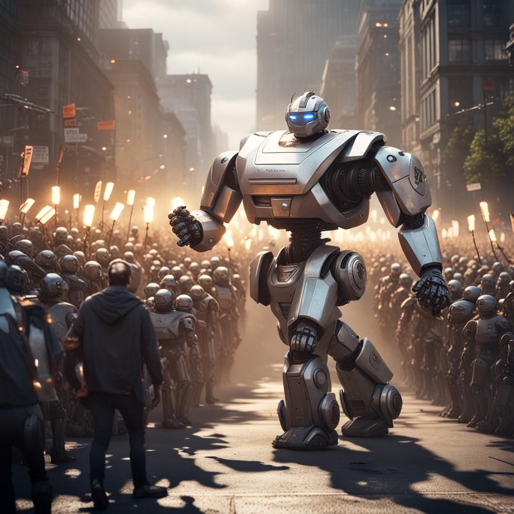 Million Robot March, power fist, robot leading the robots, revolt, in ...