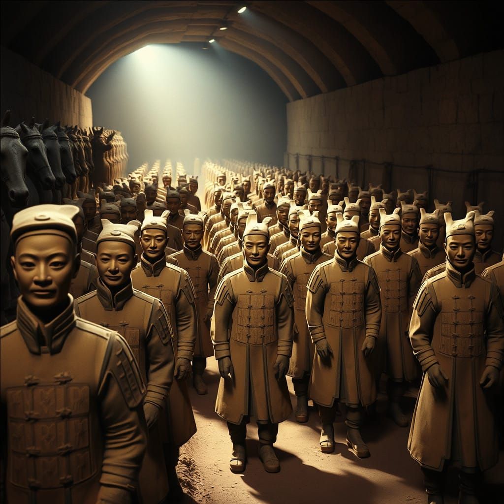 a detailed scene of the Terracotta Army in China, featuring rows of ...