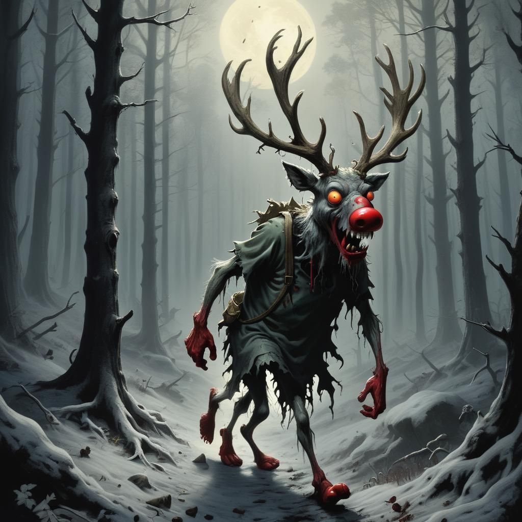 Zombie Reindeer in Dark Forest, Horror Art - AI Art