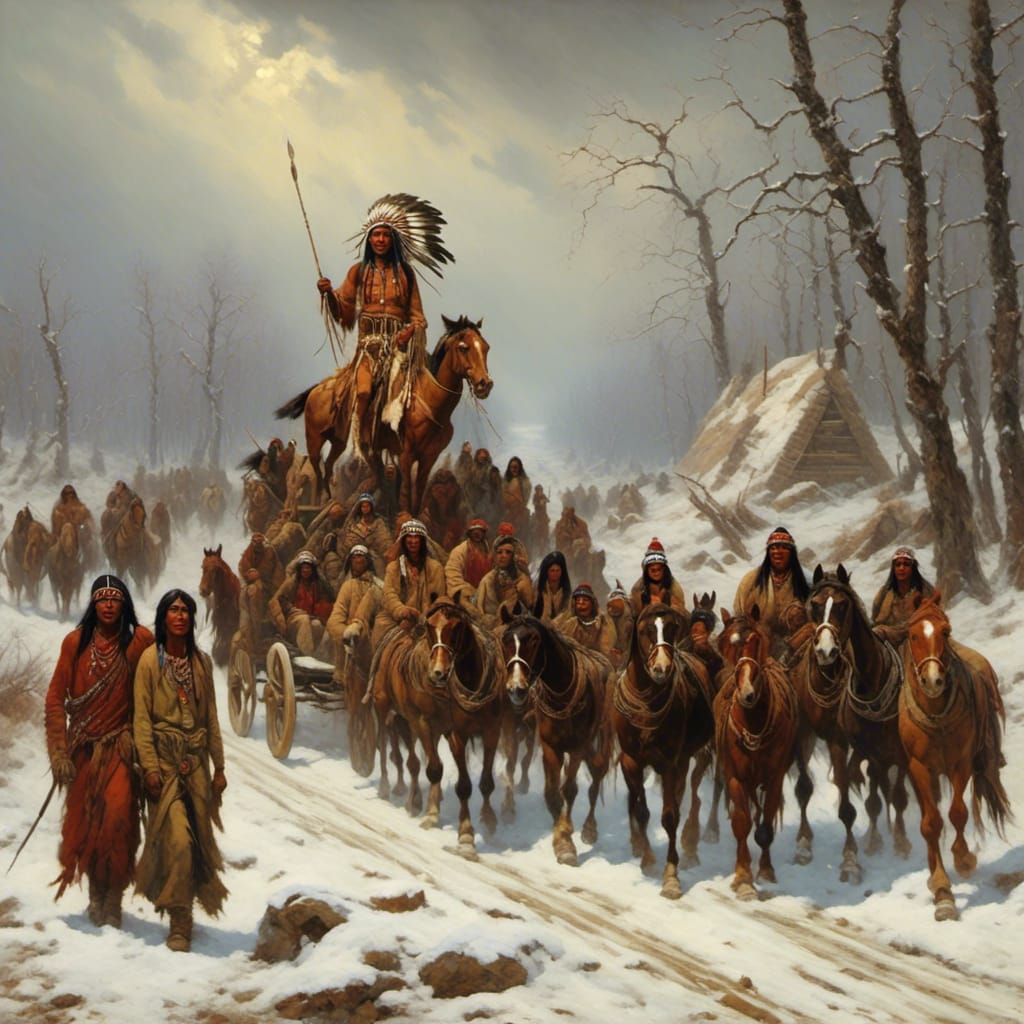 Native Americans traveling in winter storm - AI Generated Artwork ...