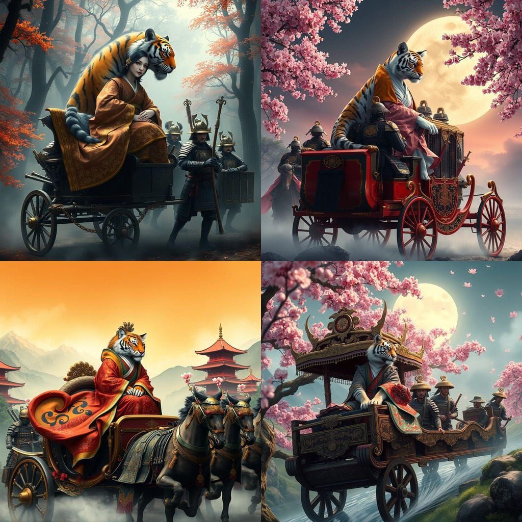 Eastern Goddess Rides a Samurai Carriage in Fantas... - AI Art