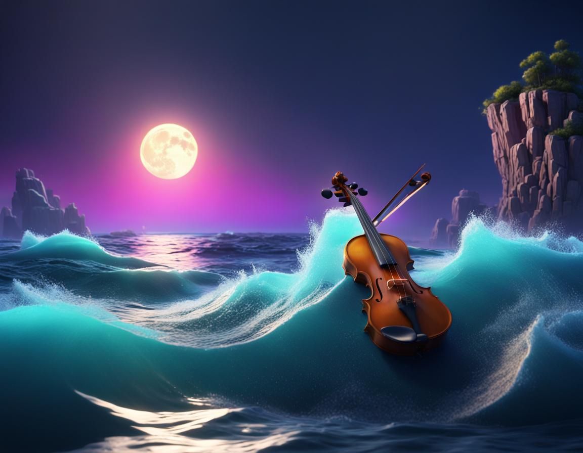 "landscape of rough sea ,moonlight, bass violin floating on the waters ...