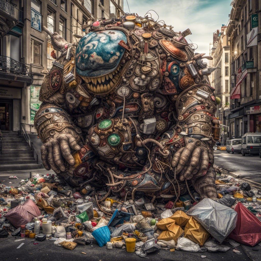 A giant obese monster made of trash and random objects collected by an ...