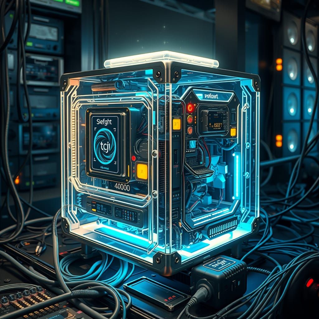 Computer cube - Futuristic Cyberpunk Computer in Glowing Amb...