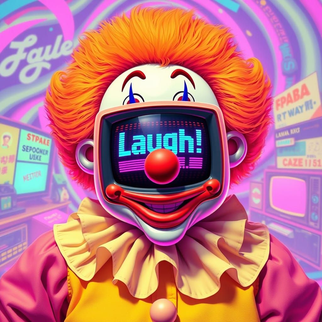 Vaporwave Clown with Glitchy TV Chest in a Neon-Li... - AI Art