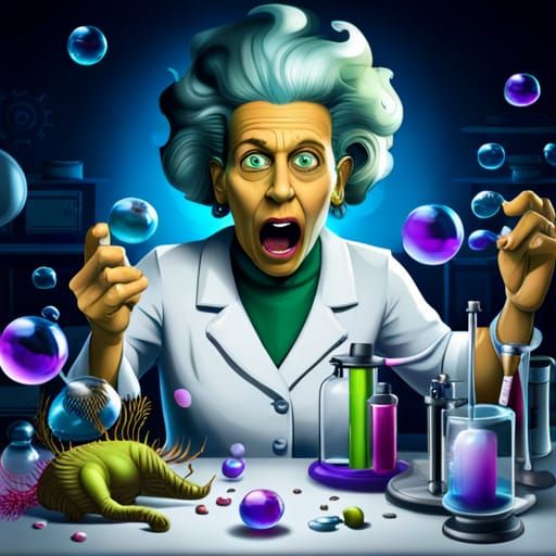 Female Mad scientist with crazy hair mixing up bubbles in a bubble ...