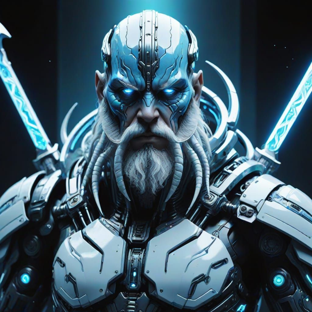 cyborg norse warrior has cyborg implants in glossy white photorealistic ...