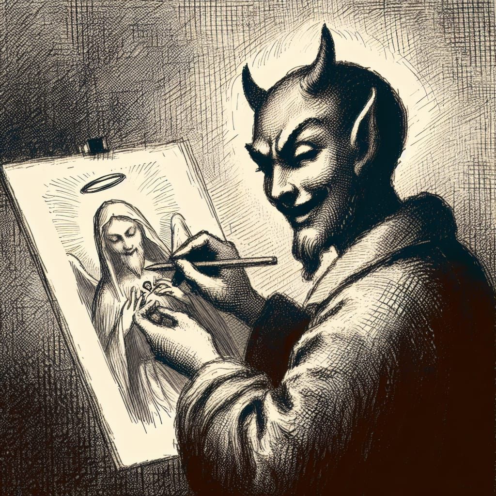 Scratchboard Image of Mephistopheles Working on his own Scratchboard ...