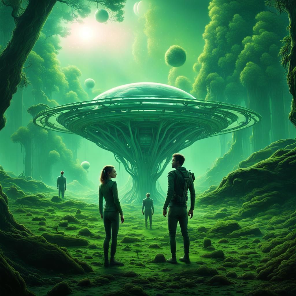 A man and a woman standing on the surface of a distant alien planet ...