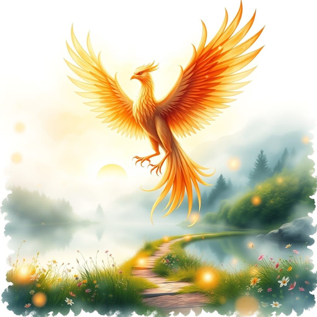 Fiery bird - Radiant Phoenix Ascends in Dawn's Golden Light