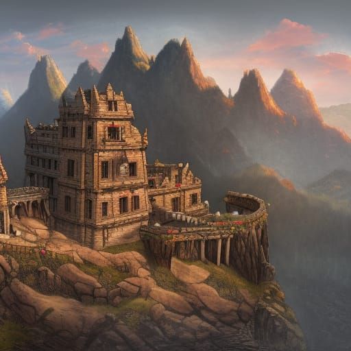 a castle ruin built on a mountain top in a european design with aztec ...