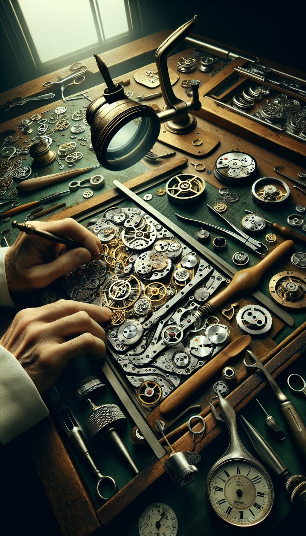 19th Century Swiss master watchmaker using a loupe and delicate watch ...