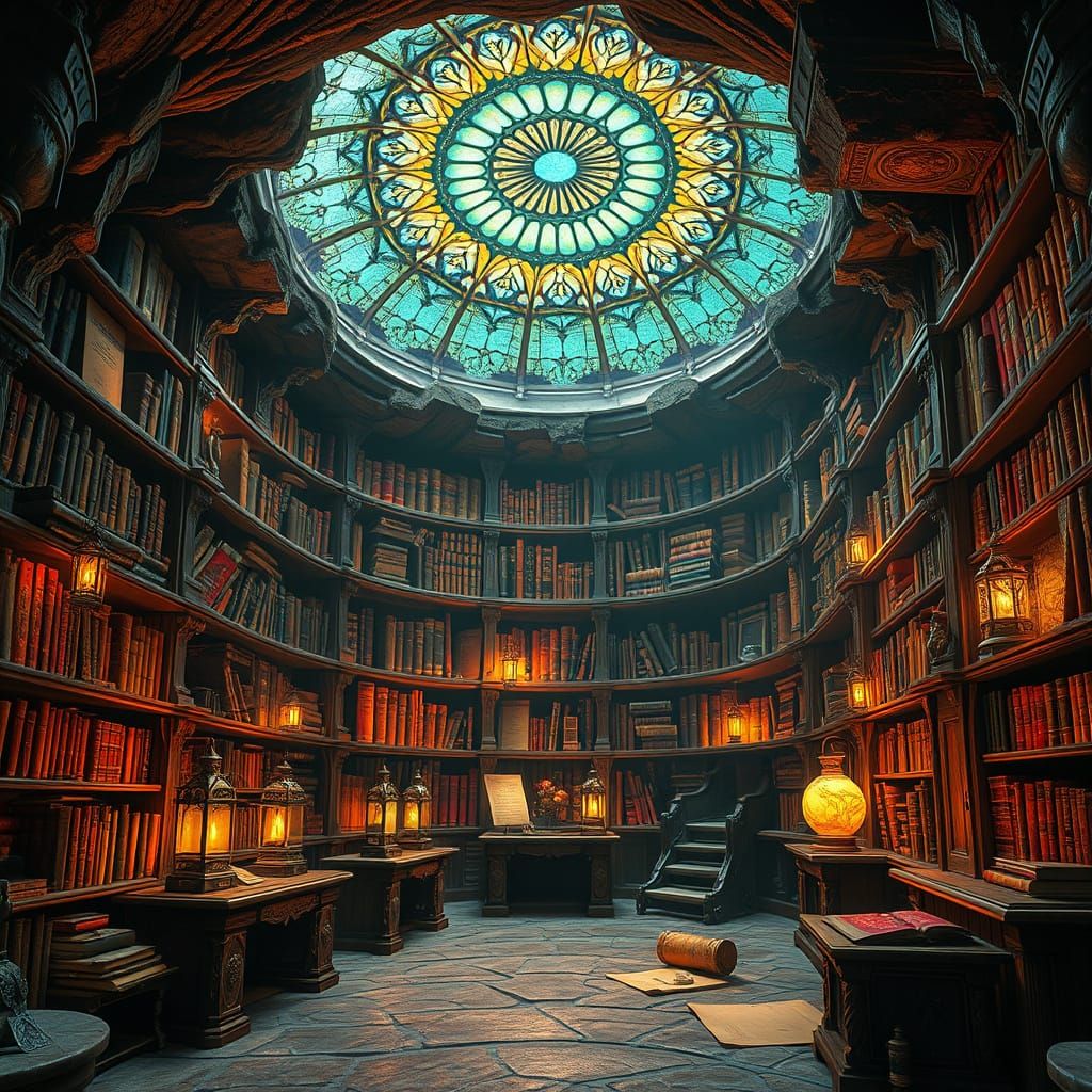Wizards library full of books and potion bottles and scrolls in a cave ...