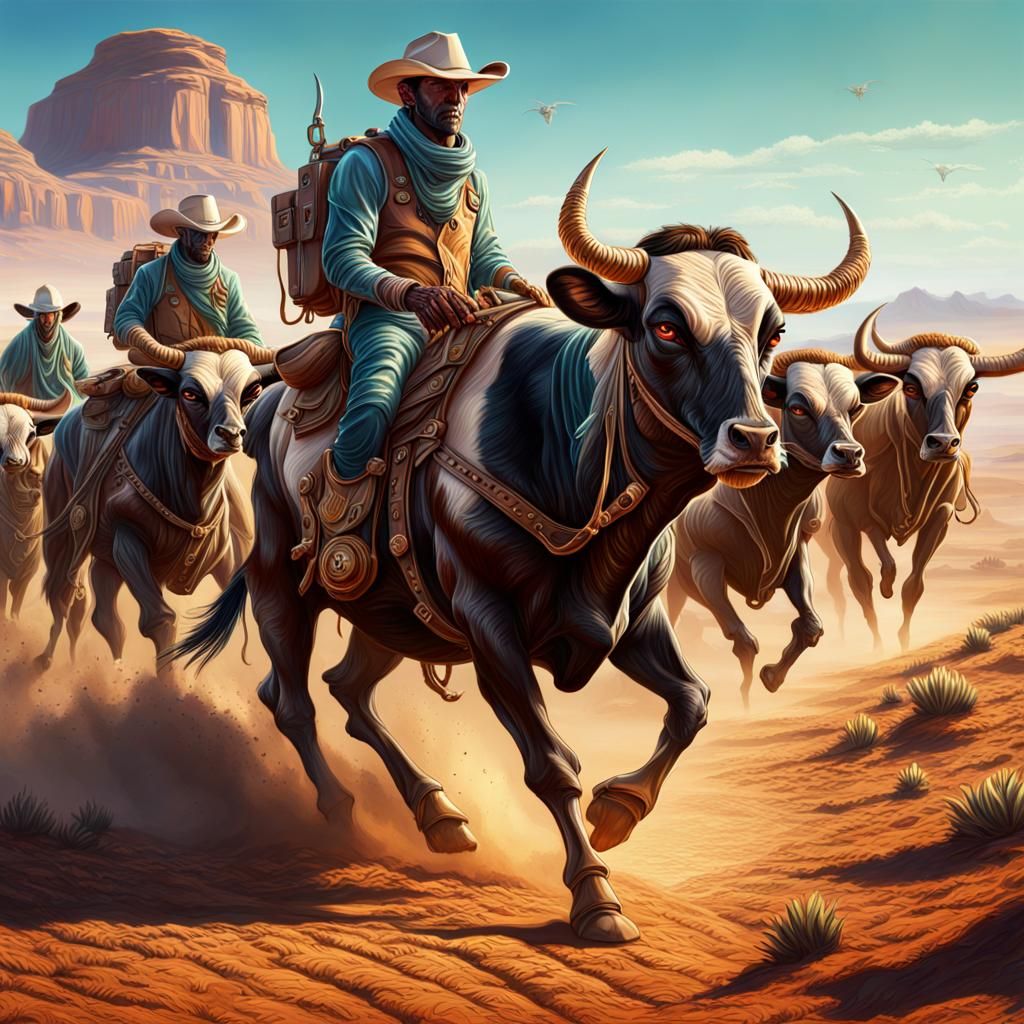 Alien Cowboys leading alien cattle herd across an alien plain - AI ...