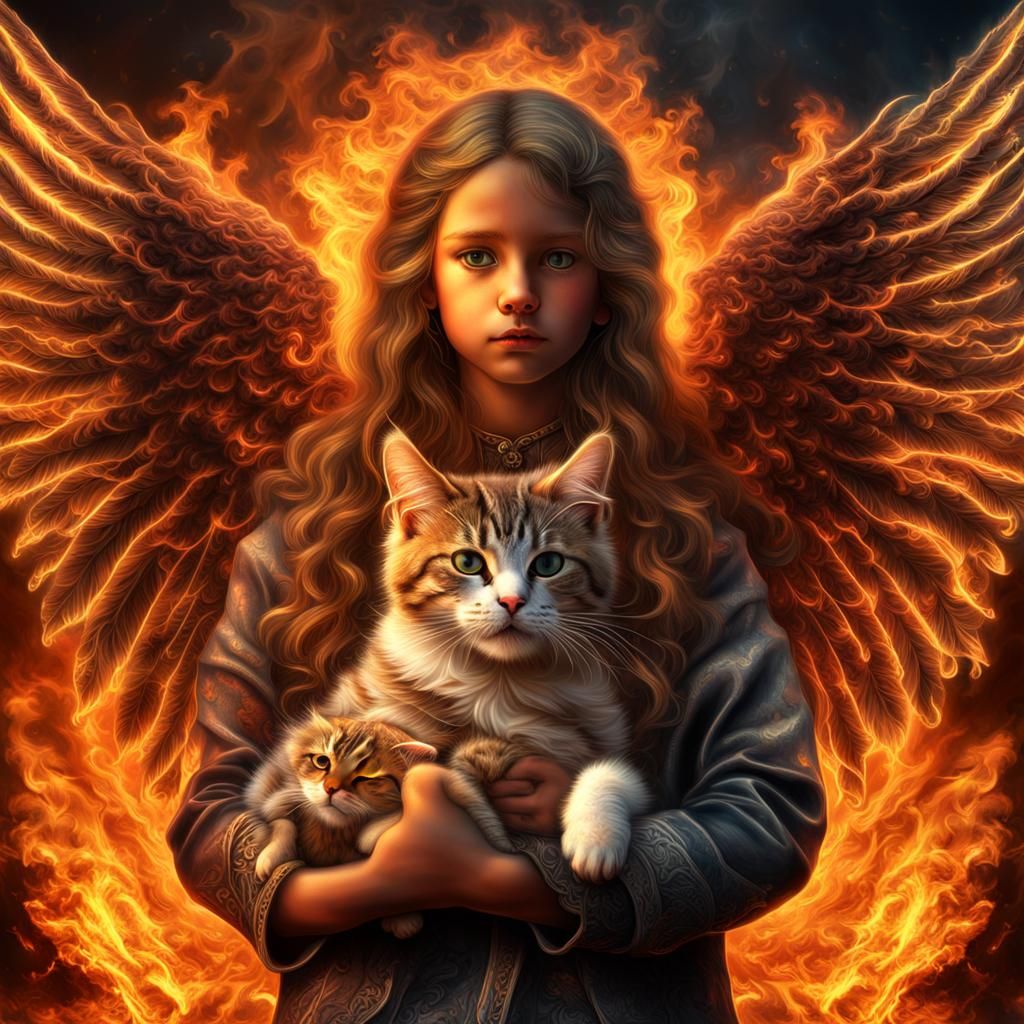 Flaming angel holding a flaming pet cat, flames, smoke, intricate ...