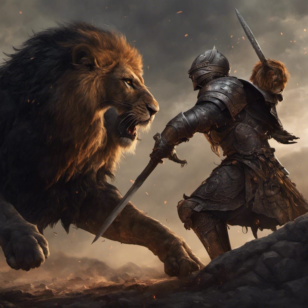 knight fighting a lion - AI Generated Artwork - NightCafe Creator