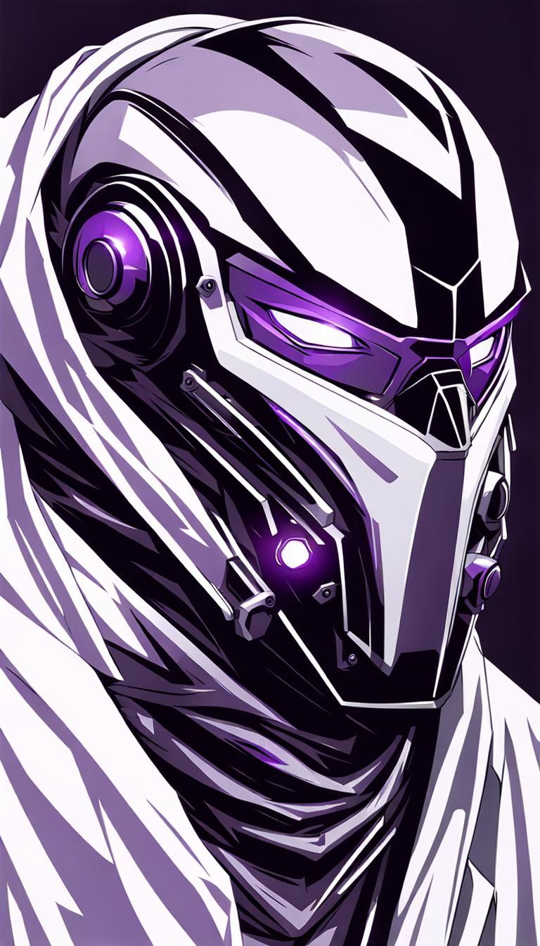 black and purple cyberpunk metal mask with reflective surfaces, draped ...