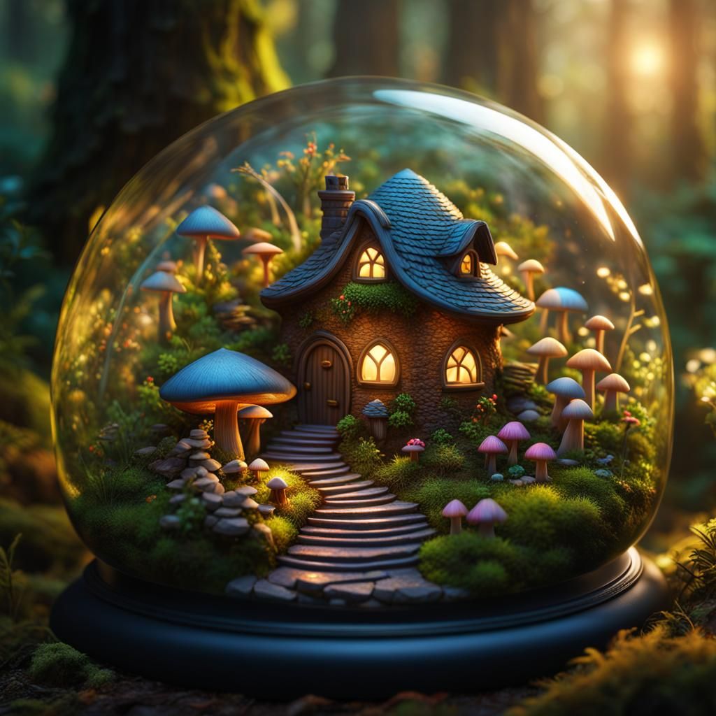 macro lens macro photography of a beautiful miniature intricate and fantasy glowing village ...