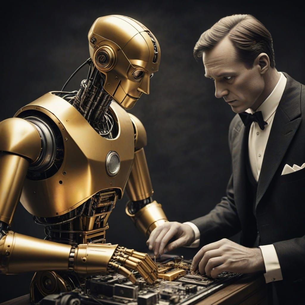 Golden Robot Assistant in 1920s Film Noir Machine ... - AI Art