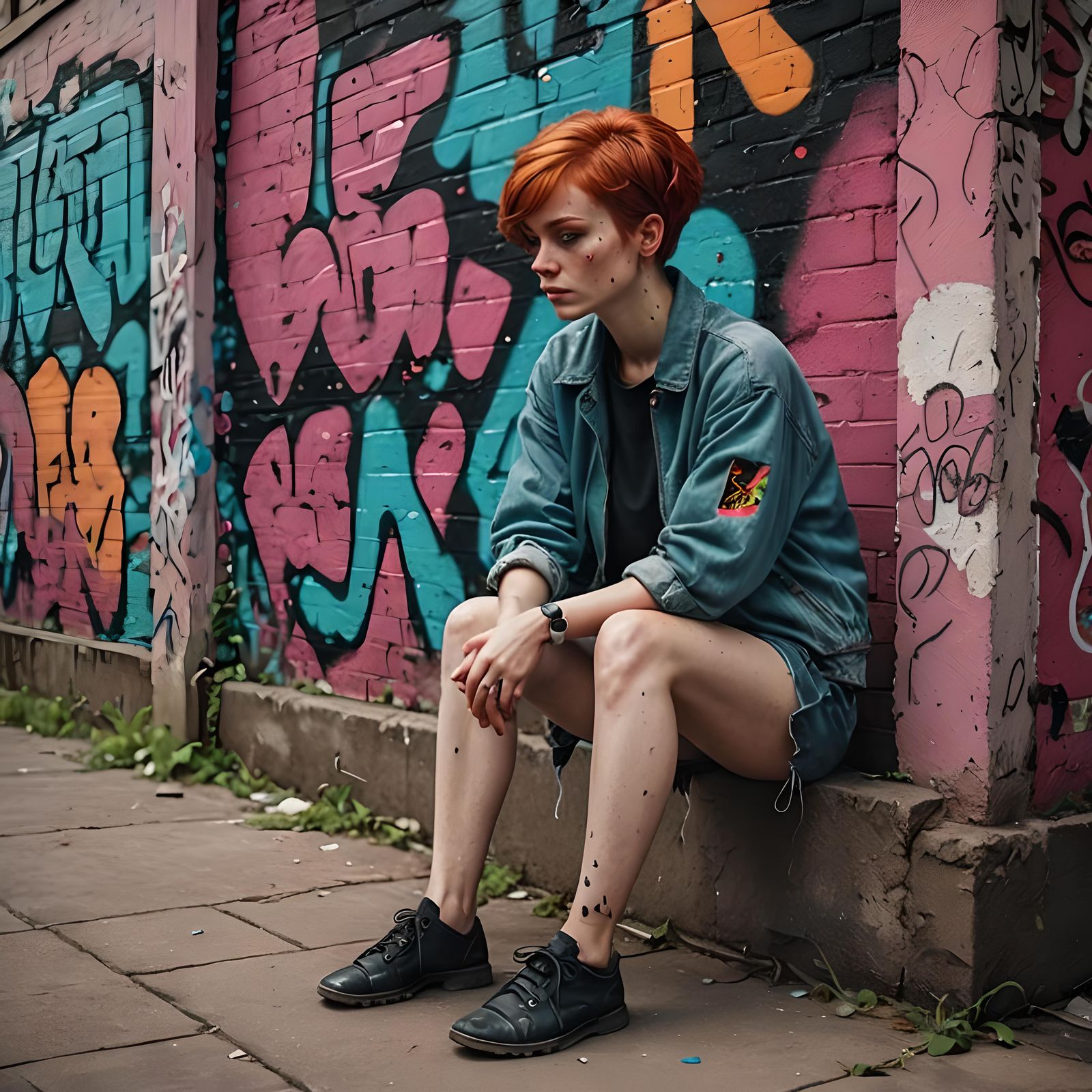 Barefoot redhead girl with a pixie cut experiencing horrific loneliness, retrowave graffiti - AI ...