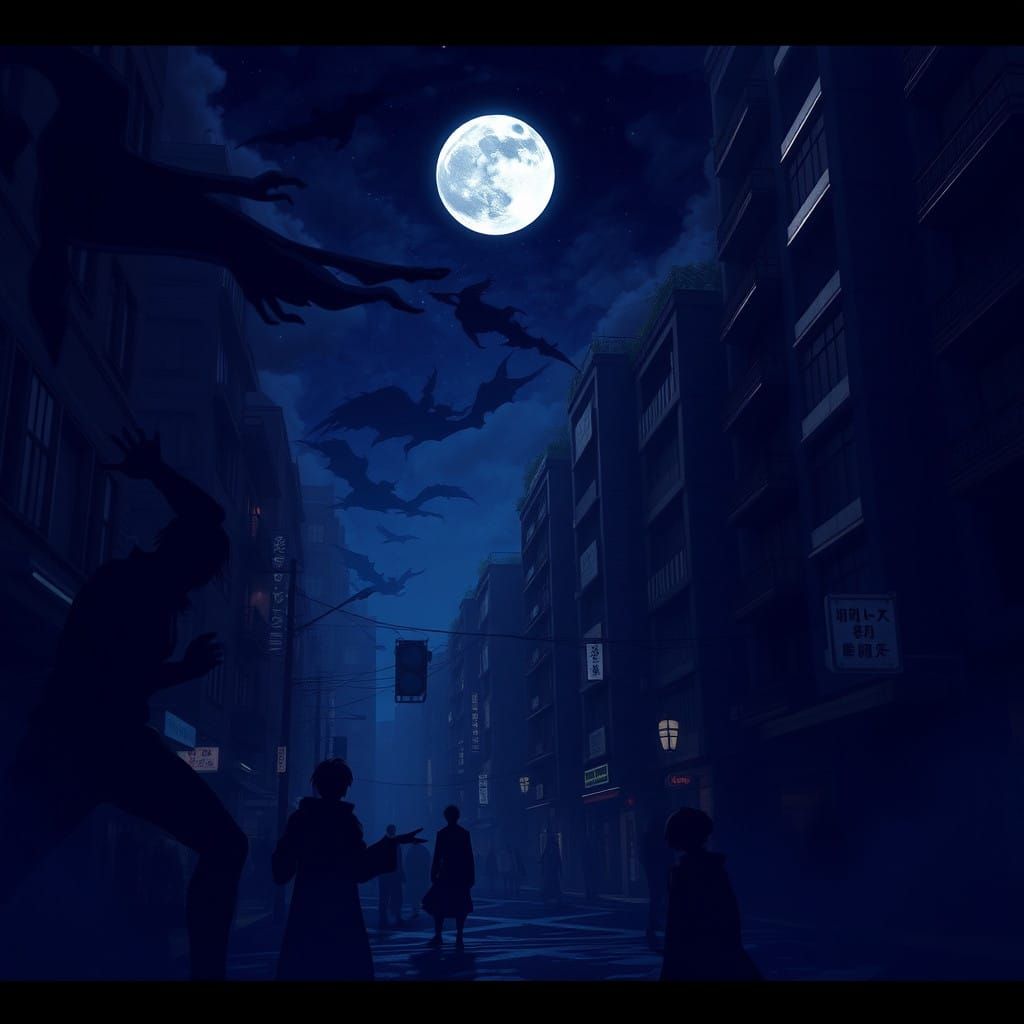 Shadow Beings Emerge on City Streets Under Full Mo... - AI Art